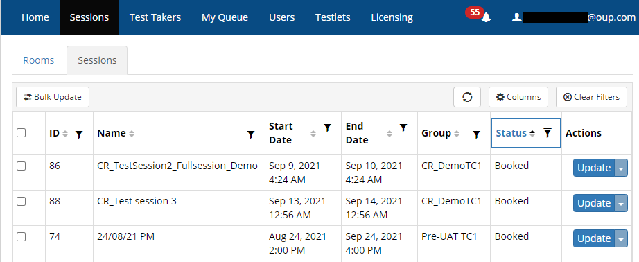 Update Test Sessions