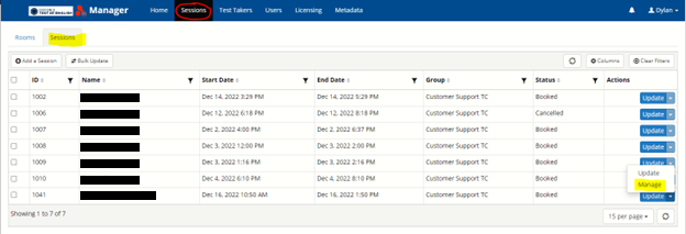 Manage a test session